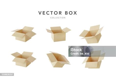 흰색 배경에 고립 된 현실적인 골판지 갈색 배달 상자 또는 우편 소포 포장 세트 벡터 일러스트레이션 열다에 대한 스톡 벡터 아트 및 기타 이미지 Istock
