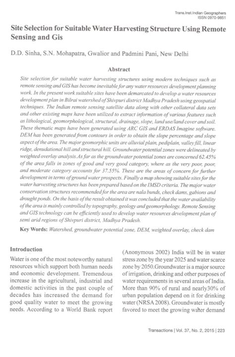 Pdf Site Selection For Suitable Water Harvesting Structure Using Remote Sensing And Gis