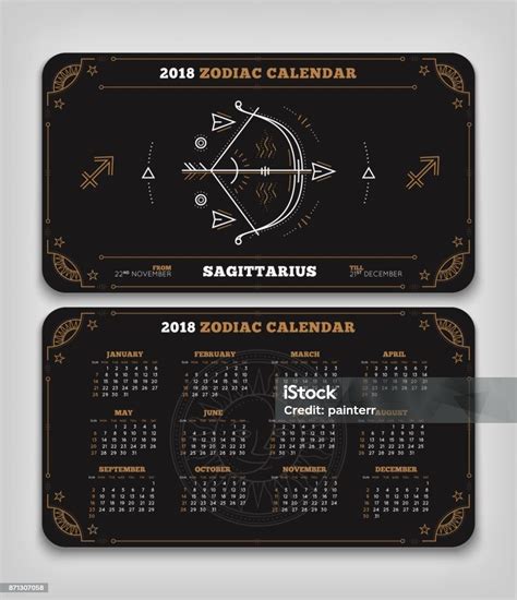 궁수자리 2018 년 조디악 달력 포켓 크기 가로 레이아웃 더블 사이드 블랙 색상 디자인 스타일 벡터 개념 그림 0명에 대한 스톡 벡터 아트 및 기타 이미지 Istock