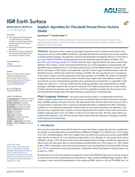 Pdf Implicit Algorithm For Threshold Stream Power Incision Model