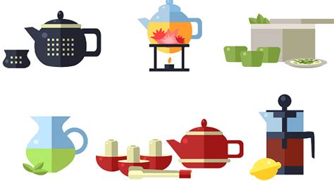 다도 액세서리 컵 Teapots 차 파티 장비 벡터 일러스트 레이 션의 컬렉션 0명에 대한 스톡 벡터 아트 및 기타 이미지