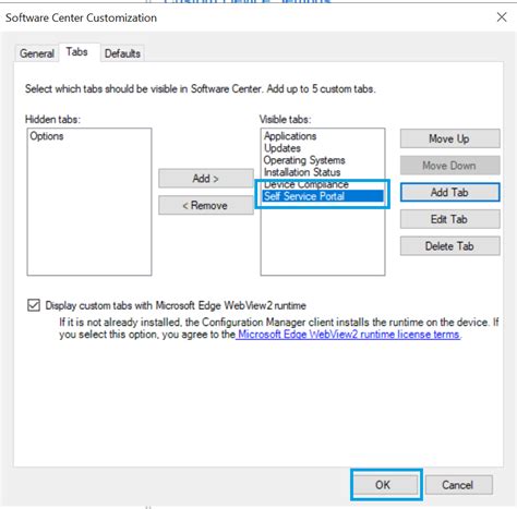 software center customization display custom tabs with microsoft edge