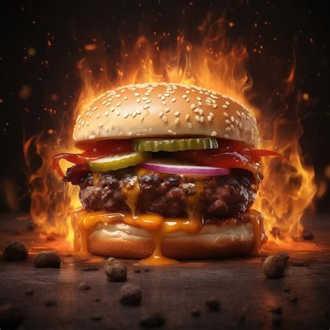 Premium Ai Image A Burger With A Flame Beef Burger With Fire
