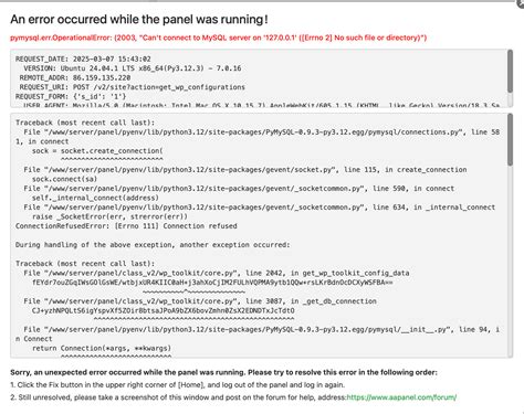 database connection error and site not showing on dashboard aapanel