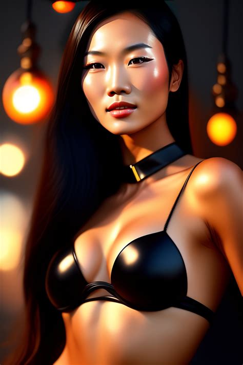 Lexica Asian Beauty In Small Black Leather Bikini Sweat All Over