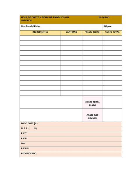 Hoja De Coste Y Ficha De Producción Pdf