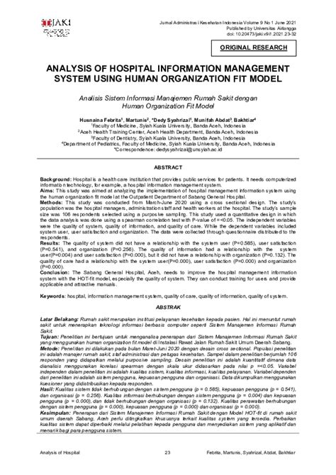 Pdf Analysis Of Hospital Information Management System Using Human Organization Fit Model