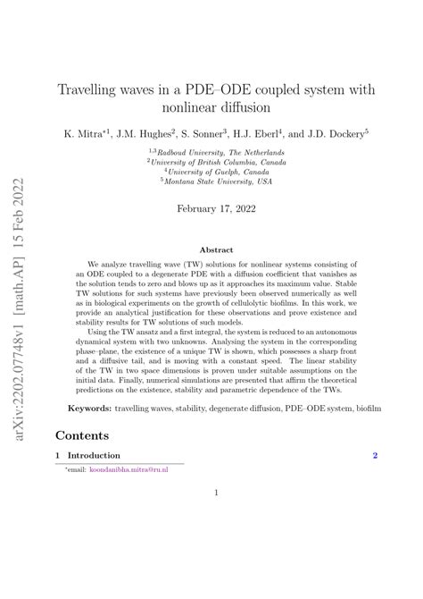 Pdf Travelling Waves In A Pde Ode Coupled System With Nonlinear Diffusion