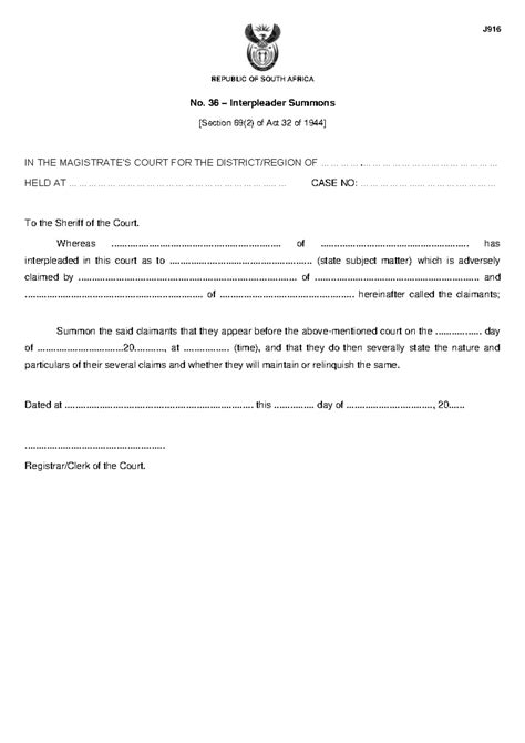 J916 Interpleader Summons Form 36 For The Republic Of South Africa