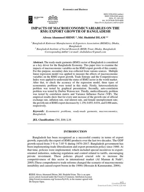 Impacts Of Macro Economic Variables On The Rmg Export Growth Of Bangladesh Pdf Economic