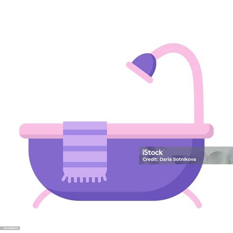 샤워와 수건 목욕 만화 플랫 스타일의 벡터 일러스트레이션 바디 케어 위생 휴식 및 스파 컨셉 욕실 인테리어 복고풍 욕조 뷰티 케어 아이콘 0명에 대한 스톡 벡터 아트 및