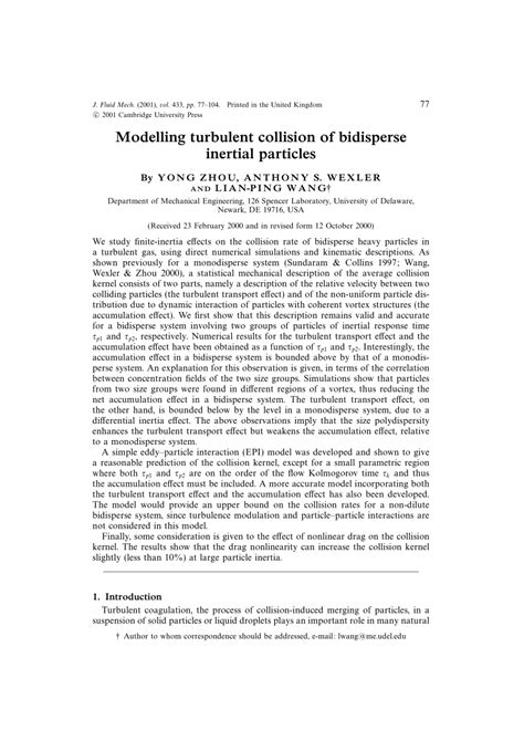 Pdf Modeling Turbulent Collision Of Bidisperse Inertial Particles