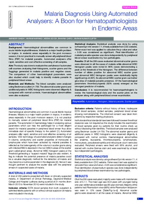 pdf malaria diagnosis using automated analysers a boon for
