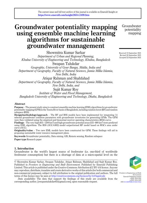 Pdf Groundwater Potentiality Mapping Using Ensemble Machine Learning
