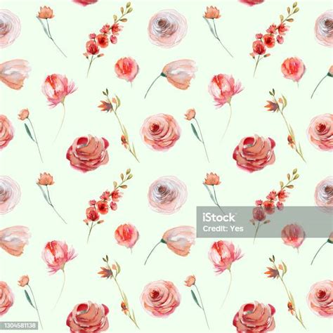 빨간색과 흰색 장미와 야생화의 수채화 꽃 원활한 패턴 녹색 배경에 삽화 꽃 식물에 대한 스톡 벡터 아트 및 기타 이미지 꽃 식물 분홍 수채화 Istock