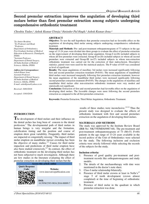 Pdf Second Premolar Extraction Improves The Angulation Of Developing Third Molars Better Than