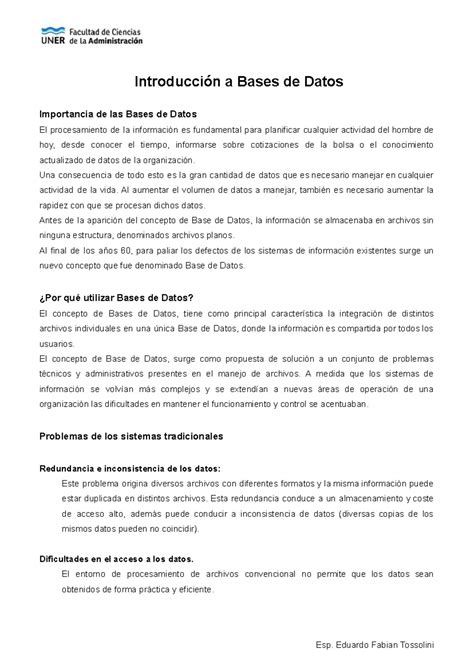 1 - Unidad 1 - Teoria - Introducción a Bases de Datos Importancia de las Bases de Datos El - Studocu