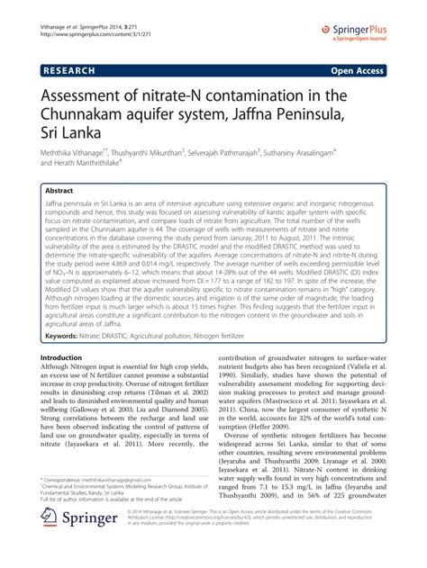Pdf Assessment Of Nitrate N Contamination In The Chunnakam Aquifer System Jaffna Peninsula