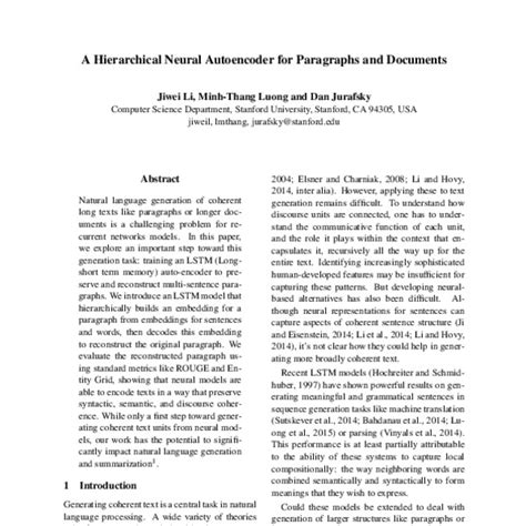 A Hierarchical Neural Autoencoder For Paragraphs And Documents Acl Anthology