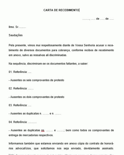 Modelo De Carta De Recebimento De Documentação Para Fins De Cobrança