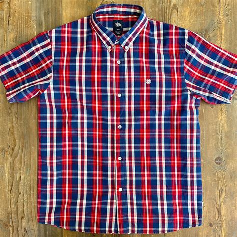 Rare Vintage Stussy Mens Button Up Shirt Redblue Pl Gem