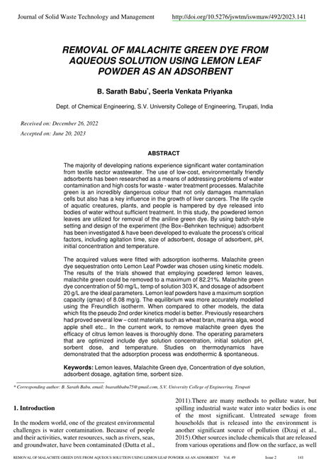 Pdf Removal Of Malachite Green Dye From Aqueous Solution Using Lemon Leaf Powder As An Adsorbent