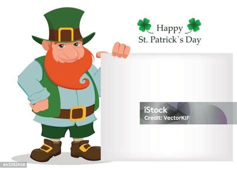 행복 한 성 패 트 릭의 날입니다 만화 행복 한 요정 큰 빈 기호 근처에 서입니다 3월에 대한 스톡 벡터 아트 및 기타 이미지 3월 St Patricks Day