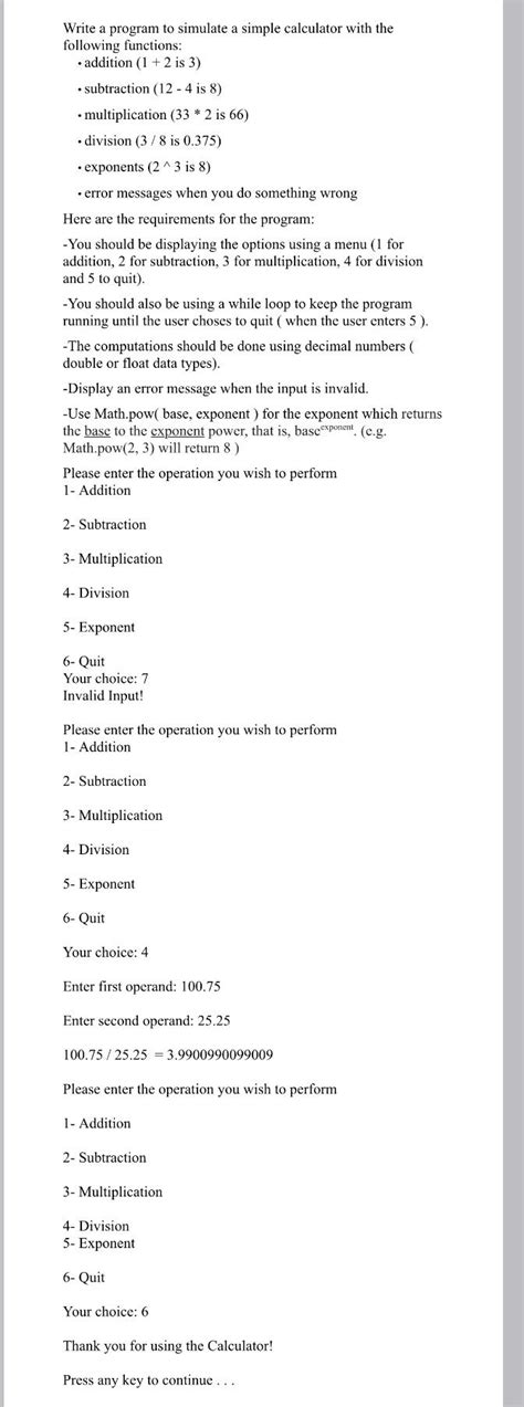 Solved Write A Program To Simulate A Simple Calculator With Chegg