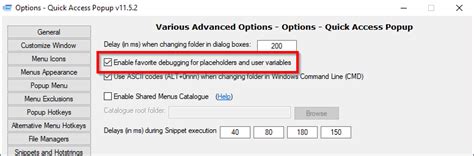 how can i debug placeholders and user variables quick access popup