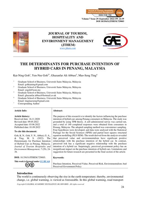Pdf The Determinants For Purchase Intention Of Hybrid Cars In Penang Malaysia