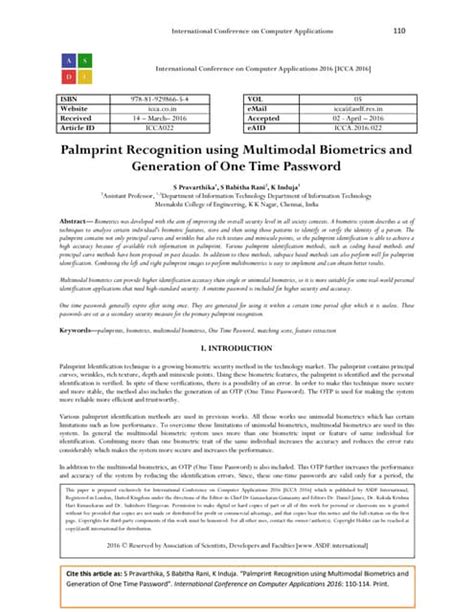 Palmprint Recognition Using Multimodal Biometrics And Generation Of One Time Password Pdf
