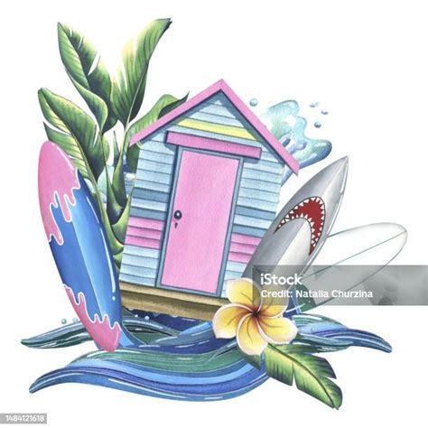 해변 오두막은 줄무늬 나무 분홍색과 파란색입니다 서핑 보드 열대 나뭇잎 플루메리아 꽃 바다 파도가 있습니다 수채화 그림 손으로 그린 흰색 배경에 격리된 구성입니다 0명에