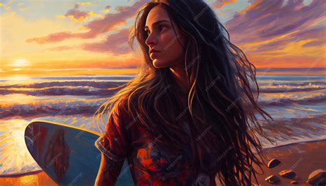Premium Ai Image Silhouette Surfer Girl On The Beach At Sunset