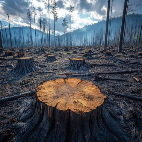 A Deforested Area With Tree Stumps And Dry Barren Land Stock