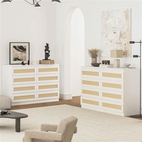 Idealhouse 8 Drawer Rattan Wooden Dresser Modern White Chest For