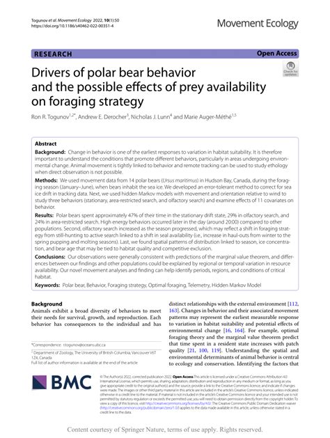 Pdf Drivers Of Polar Bear Behavior And The Possible Effects Of Prey Availability On Foraging