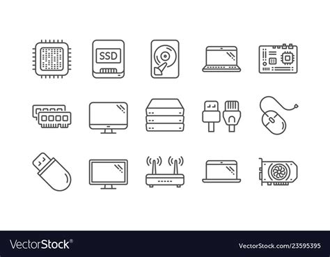 Computer Device Line Icons Motherboard Cpu Vector Image