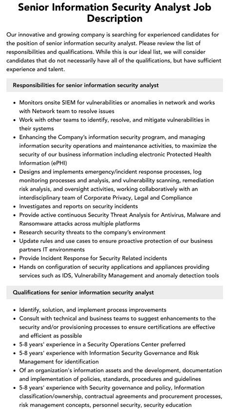 Senior Information Security Analyst Job Description Velvet Jobs