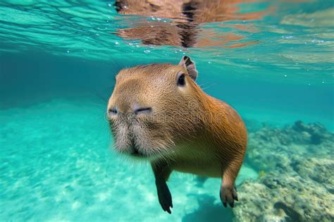 Capybara Swimming Underwater Close Up View Stock Illustration