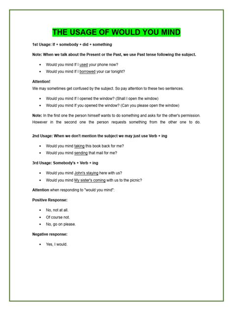 Understanding Would You Mind Usage Pdf Subject Grammar Languages