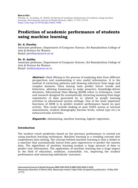 Pdf Prediction Of Academic Performance Of Students Using Machine Learning