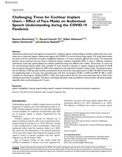 Pdf Challenging Times For Cochlear Implant Users Effect Of Face