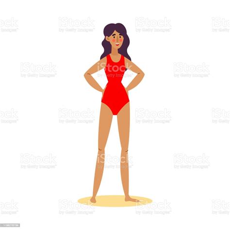 빨간 수영복을 입은 귀여운 인명 구조원이 거리를 바라보는 포즈를 취하고 있습니다 평면 만화 스타일의 벡터 일러스트레이션입니다 감시에 대한 스톡 벡터 아트 및 기타 이미지