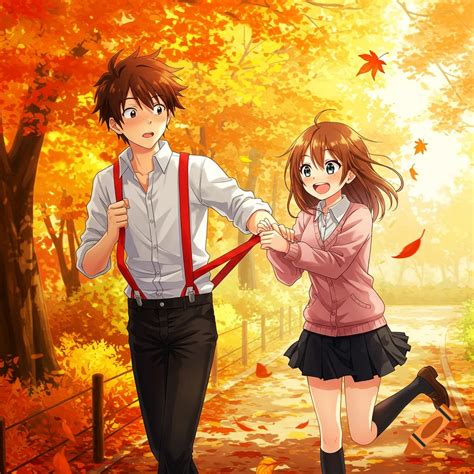 An Anime High School Couple Runs Through An Autumn Park The Girl Pulls