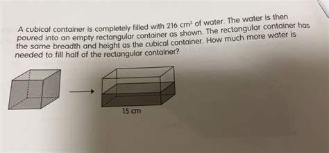 solved a cubical container is completely filled with 216 cm 3 of water