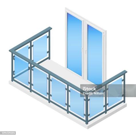 흰색 배경에 고립 된 금속 및 유리 난간이있는 등색 벡터 일러스트 발코니 평면 만화 스타일의 현대적인 발코니 벡터 아이콘 금속 플라스틱 Pvc 적층 나무 곡물 발코니 문