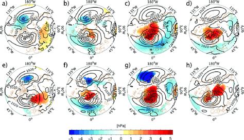 Ndj Ssw Composites Of Slp Anomalies Shading And The Corresponding