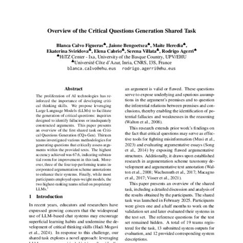 Overview Of The Critical Questions Generation Shared Task Acl Anthology