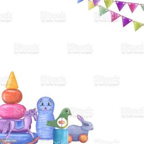 흰색 배경에 격리된 깃발이 있는 아이 나무 장난감이 있는 수채화 그림 보육원 어린이 방 장식 친환경 소재 어린이 장난감 인쇄 포스터 배경 엽서 0명에 대한 스톡 벡터 아트