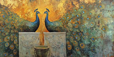 Peacocks Are Standing On Top Of A Pedestal With Vase Background